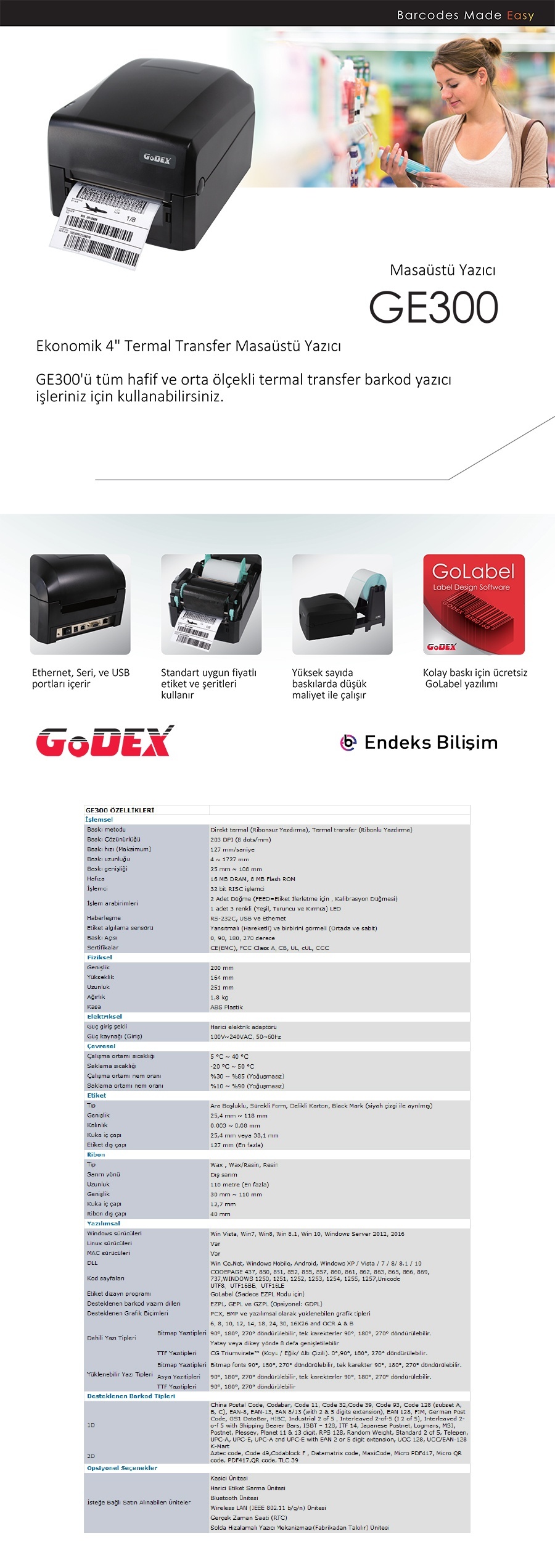 GODEX GE300 Central Barkod Yazıcı 203 dpi GE0E32 – Endeks Bilişim