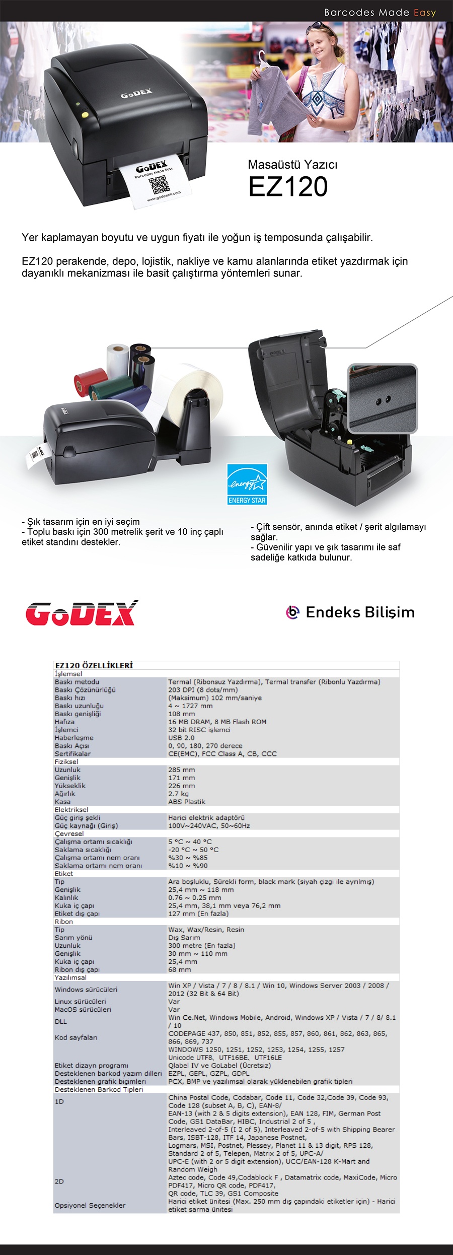 GODEX EZ120 Termal Etiket Yazıcı 203 dpi 4 IPS – Endeks Bilişim