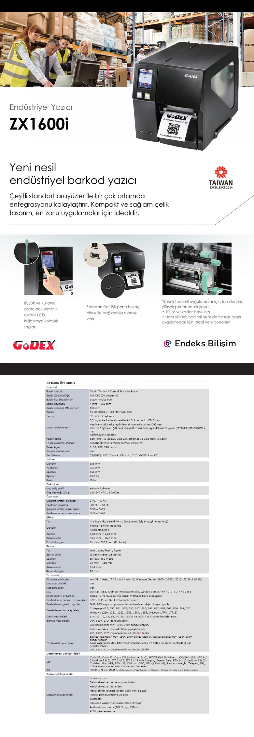 GODEX ZX1600i Barkod Yazıcı 600 DPI/10 IPS – Endeks Bilişim