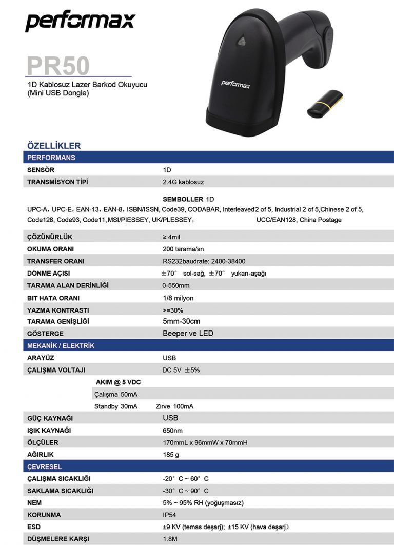 PERFORMAX PR-50 1D Barkod Okuyucu Siyah USB – Endeks Bilişim